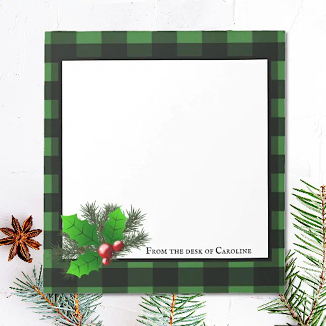Christmas Holly Buffalo Plaid | Green Personalized Notepad | Zazzle