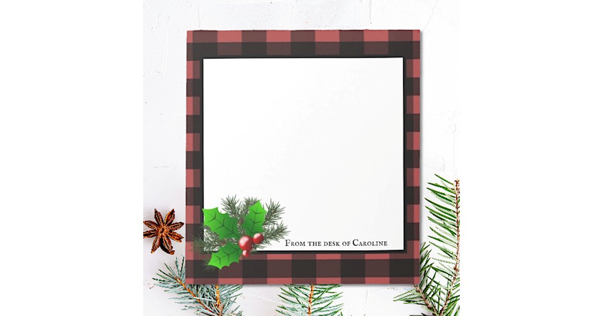 Christmas Holly Buffalo Plaid Personalized Notepad | Zazzle