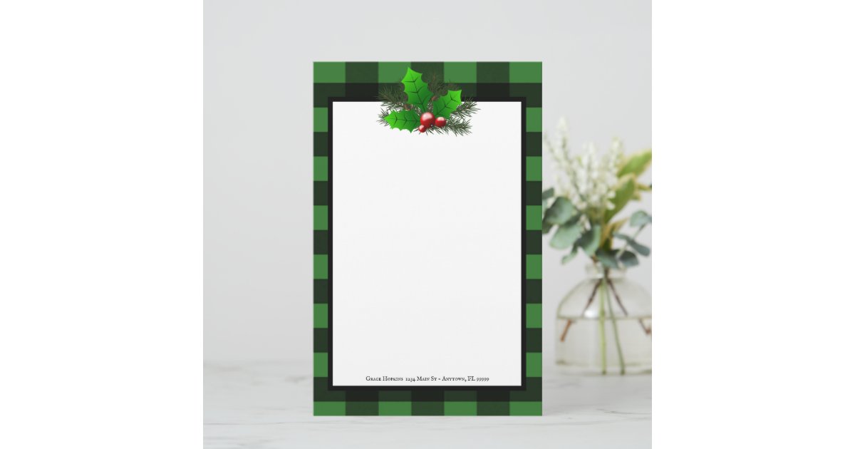 Christmas Holly Buffalo Plaid Personalized Paper | Zazzle