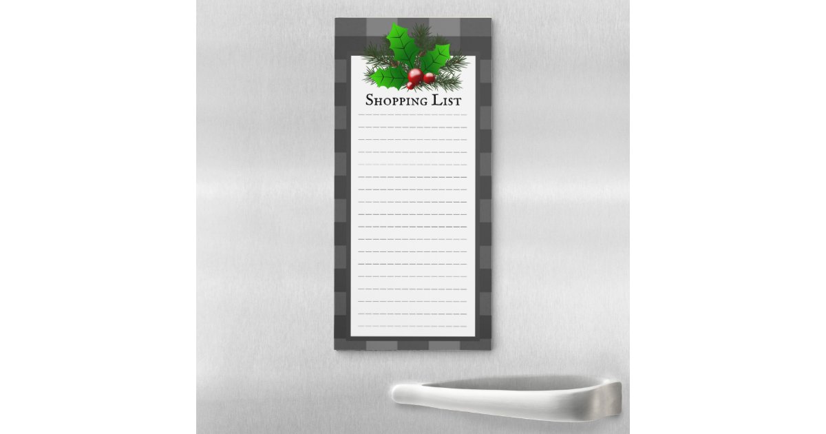 Christmas Holly Buffalo Plaid Shopping List Magnetic Notepad | Zazzle