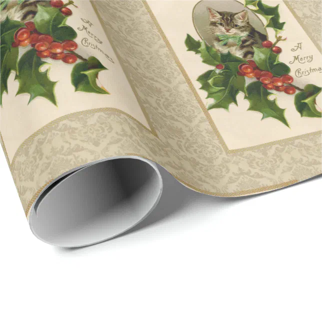 Christmas Holly Cat Vintage Reproduction Wrapping Paper | Zazzle