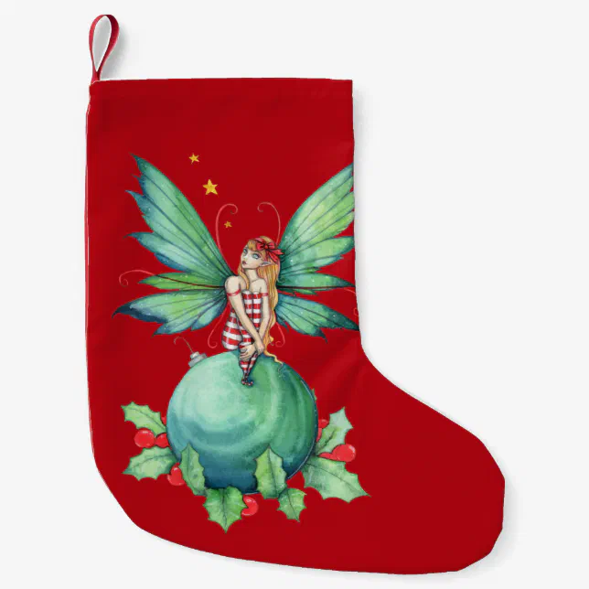 Christmas Holly Fairy Fantasy Art Small Christmas Stocking | Zazzle