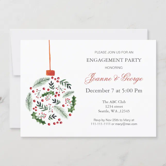 Christmas Holly Ornament Winter Engagement Party Invitation | Zazzle