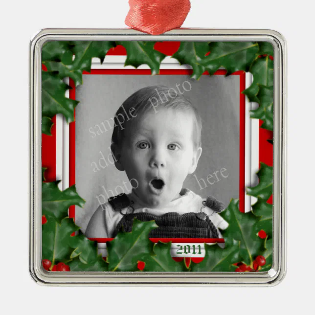 Christmas Holly, Photo Frame, Red Ribbon Ornament | Zazzle