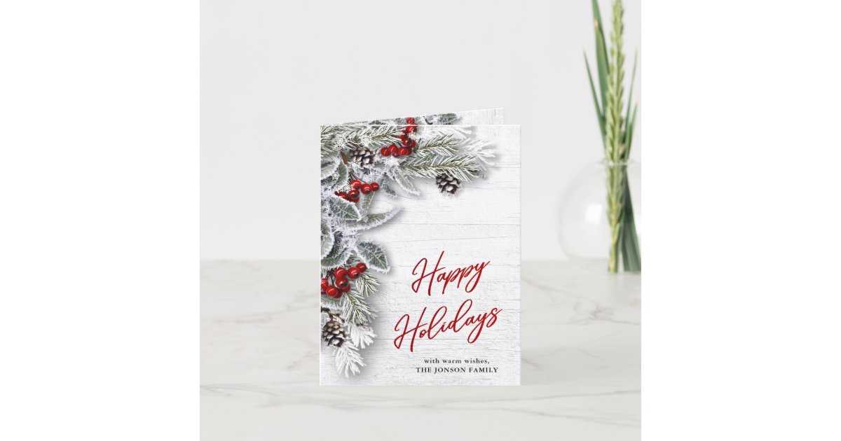 Christmas Holly Pine Rustic Holiday Greeting Card | Zazzle