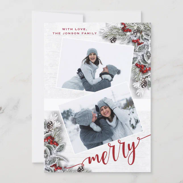 Christmas Holly Pine Rustic Photo Holiday Card | Zazzle