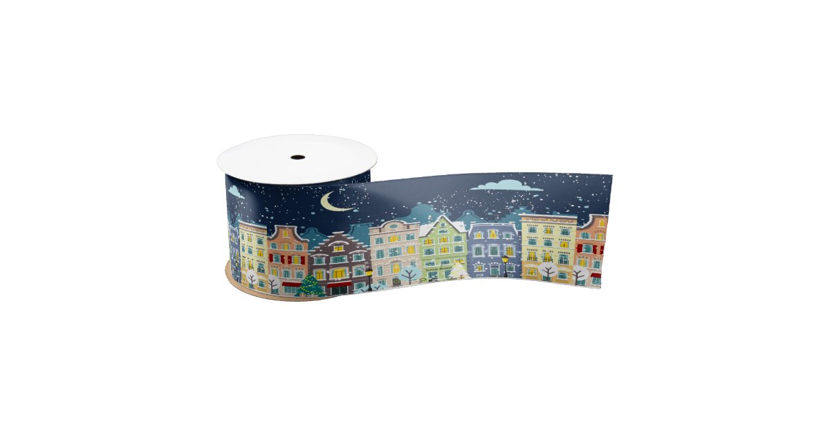 Christmas home snow night holiday satin ribbon | Zazzle