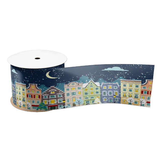 Christmas home snow night holiday satin ribbon | Zazzle