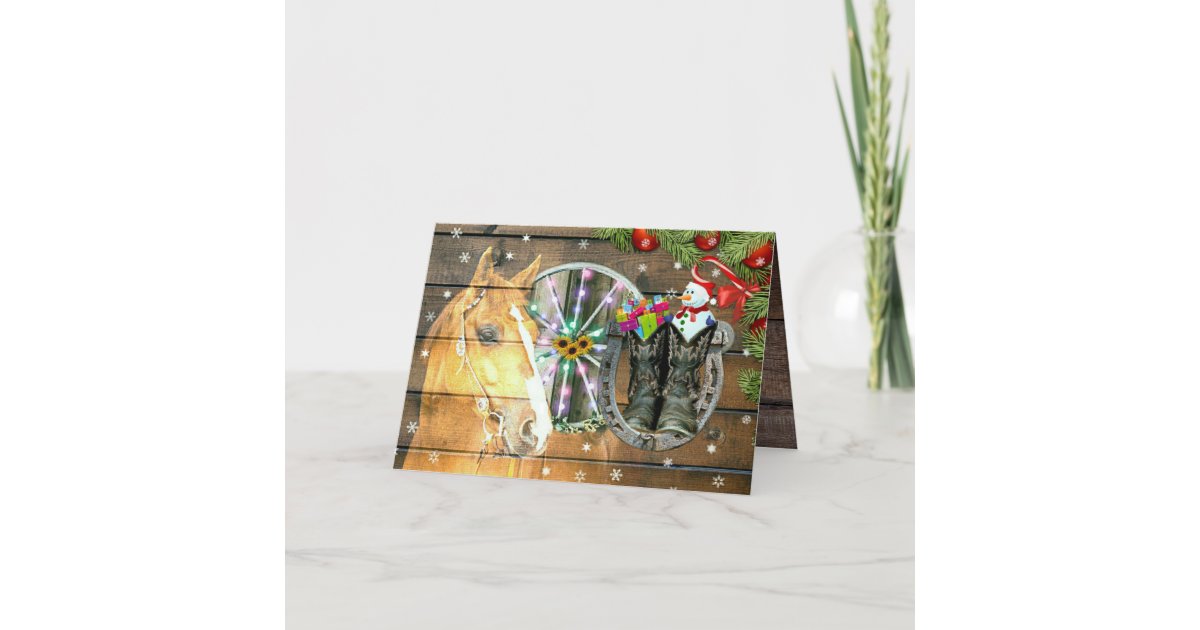 Christmas Horse Wagon Wheel Cowboy Boots Garland H Holiday Card | Zazzle