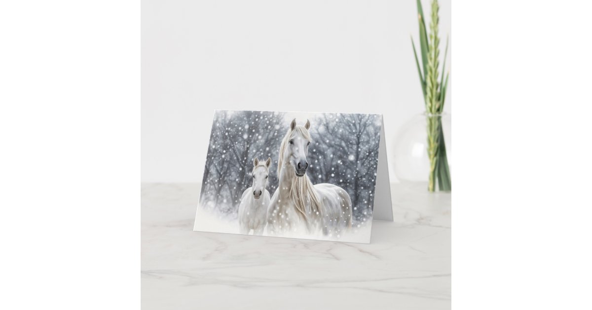 Christmas Horses White Mare and Foal in the Snow Holiday Card | Zazzle