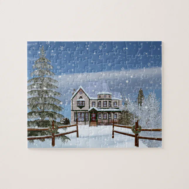 Christmas, House in Snowy Winter Scene Jigsaw Puzzle | Zazzle