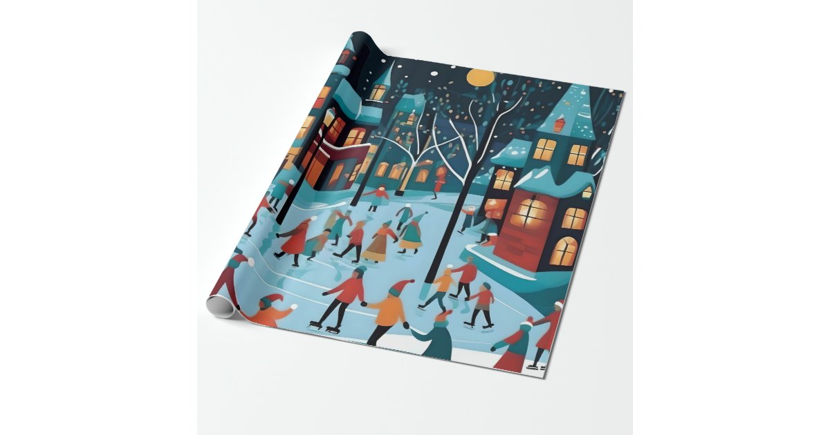 Christmas ice skating. wrapping paper | Zazzle