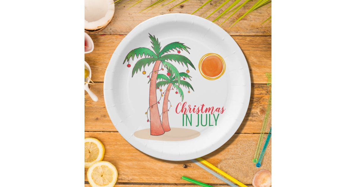 Christmas in July Palm Trees Party Paper Plates | Zazzle