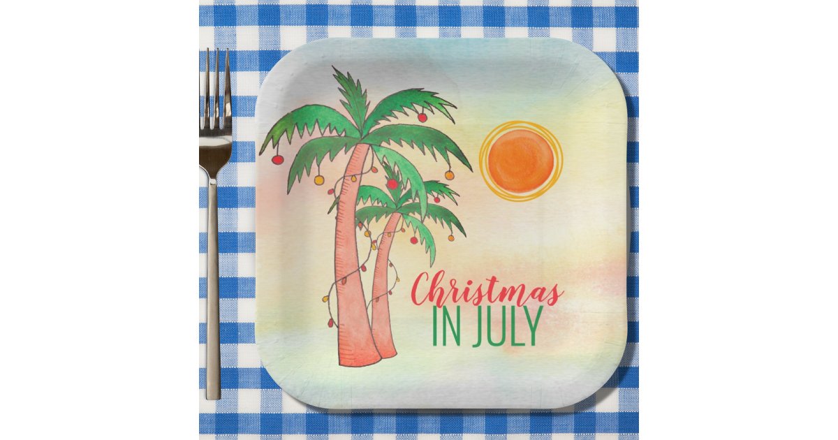 Christmas in July Palm Trees Party Paper Plates | Zazzle