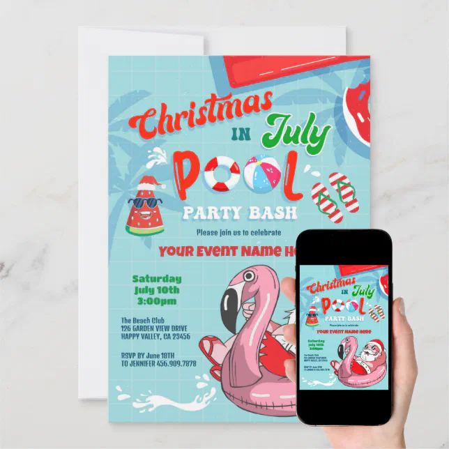 Christmas In July Santa Pool Party Kid Adult Invitation | Zazzle