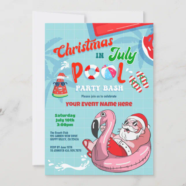 Christmas In July Santa Pool Party Kid Adult Invitation | Zazzle