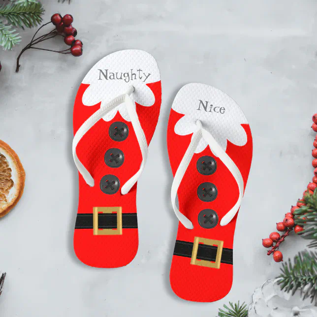 Christmas in July Santa Suit Naughty or Nice Red Flip Flops | Zazzle