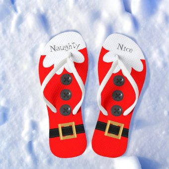 Christmas in July Santa Suit Naughty or Nice Red Flip Flops | Zazzle