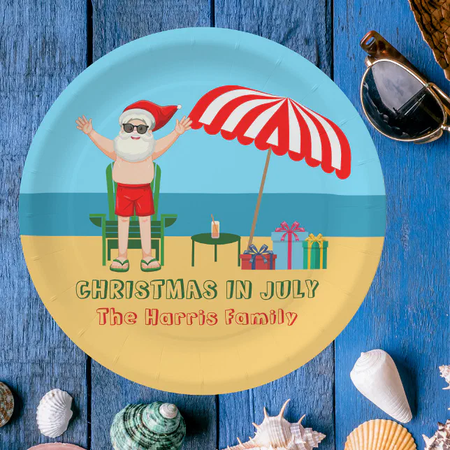 Christmas in July Summer Santa Claus Beach Party Paper Plates | Zazzle