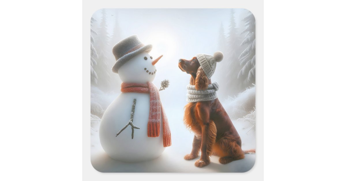 Christmas Irish Setter With Snowman Square Sticker | Zazzle