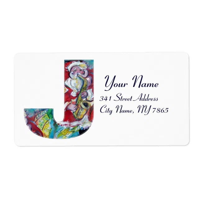 CHRISTMAS J LETTER /SANTA AND SAX MONOGRAM LABEL | Zazzle