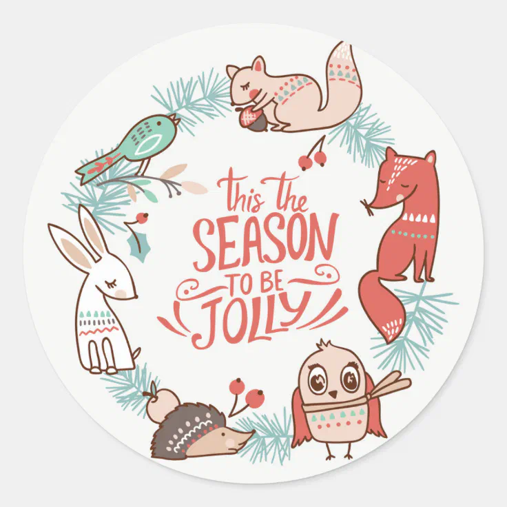 Christmas Jolly Forest Animals Round Sticker | Zazzle