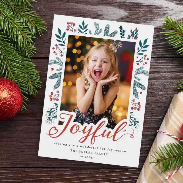 Christmas Joyful Script Holly Berries Photo Holiday Card | Zazzle
