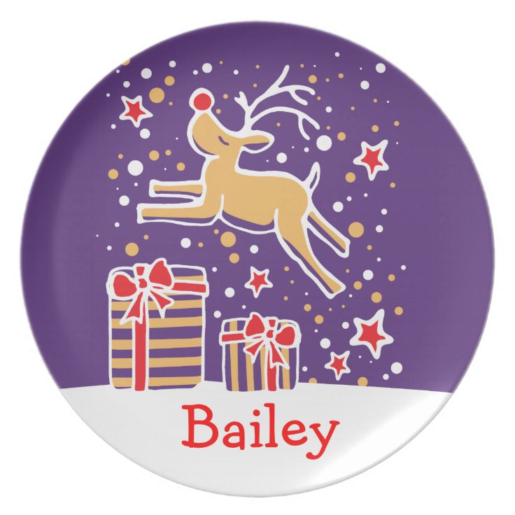Christmas kids named reindeer plate | Zazzle