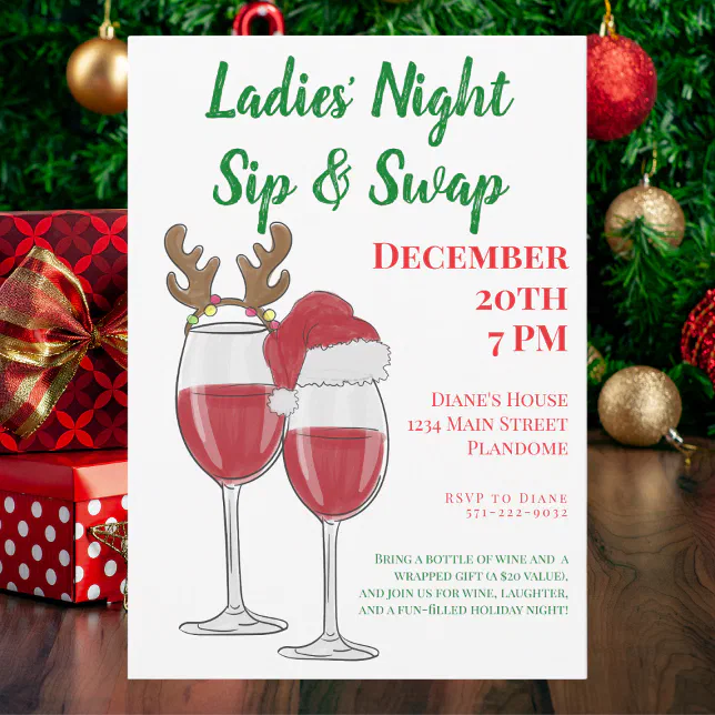 Christmas Ladies’ Night Gift Wine Swap Invitation | Zazzle