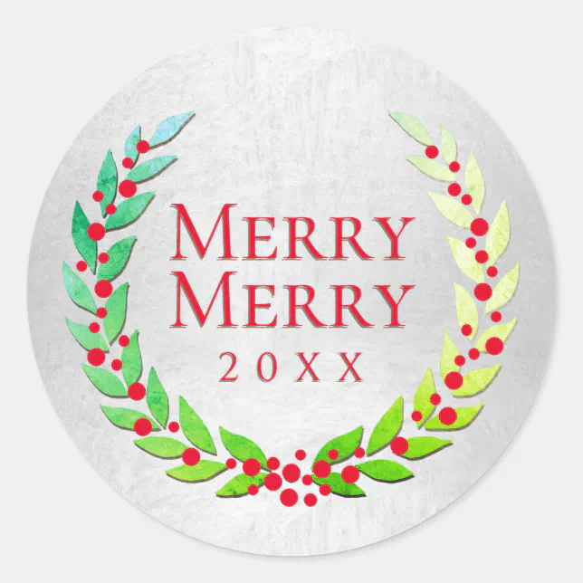 Christmas Laurel Wreath Merry Merry Year Classic Round Sticker | Zazzle