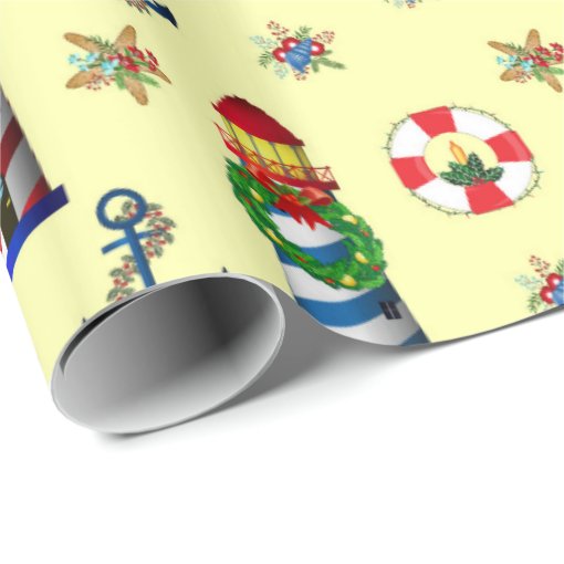 Christmas Lighthouse Nautical Yellow Background Wrapping Paper | Zazzle