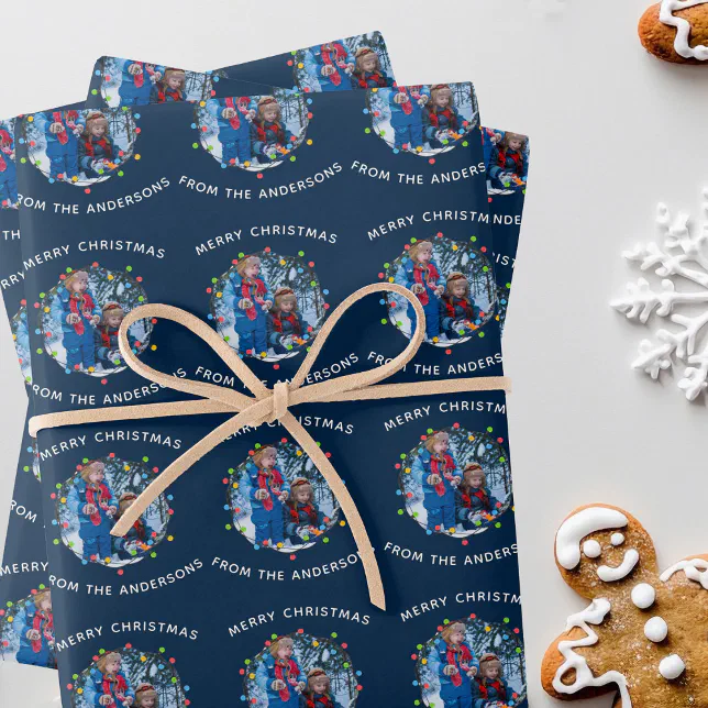 Christmas Lights Family Photo Blue Personalized Wrapping Paper Sheets ...