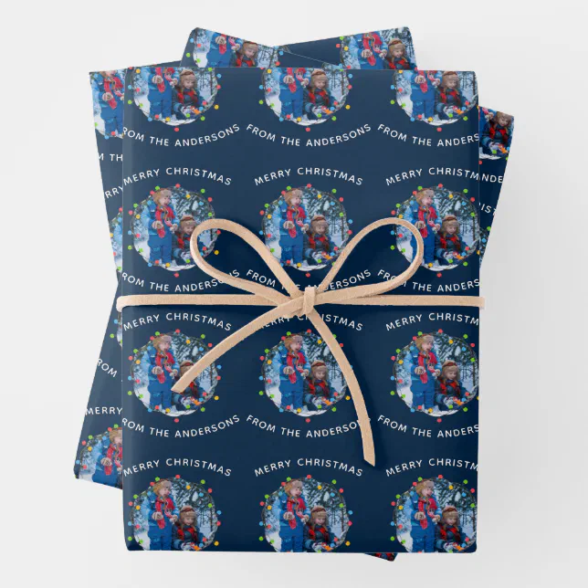 Christmas Lights Family Photo Blue Personalized Wrapping Paper Sheets ...