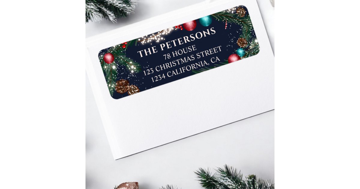 Christmas lights pine branches snow blue festive label | Zazzle