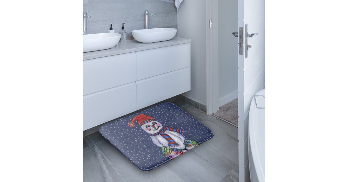 Christmas Lights Smiling Snowman Snowflakes Bathroom Mat | Zazzle