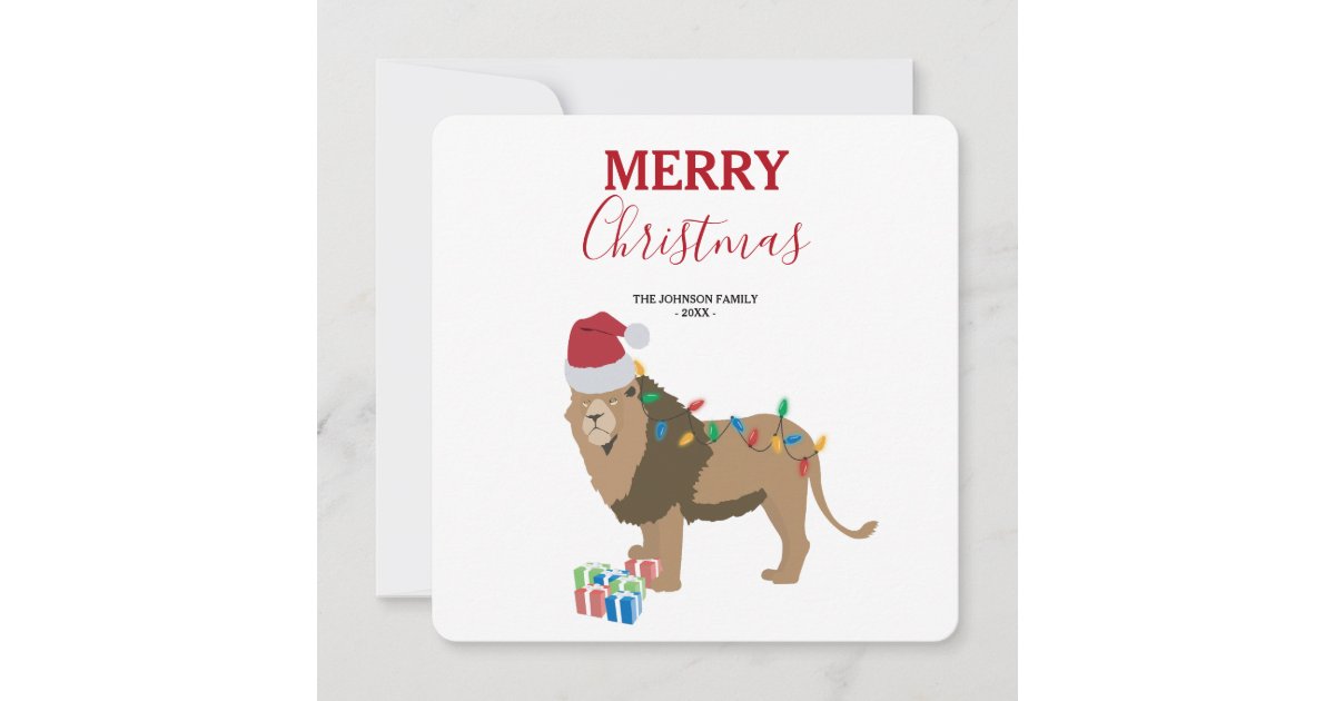 Christmas Lion Funny Animal with Santa Hat Card | Zazzle