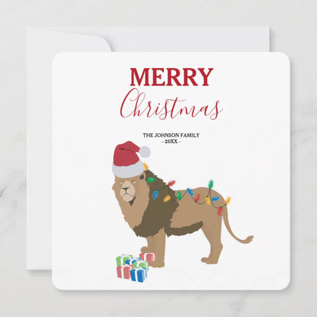 Christmas Lion Funny Animal with Santa Hat Card | Zazzle