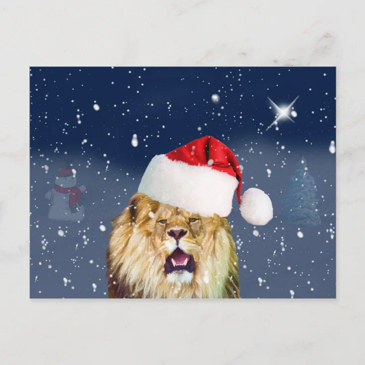 Christmas Lion in Santa Hat Postcard | Zazzle