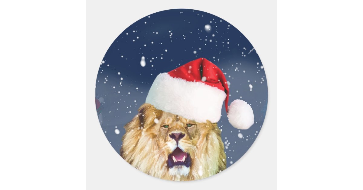 Christmas Lion in Santa Hat Sticker | Zazzle