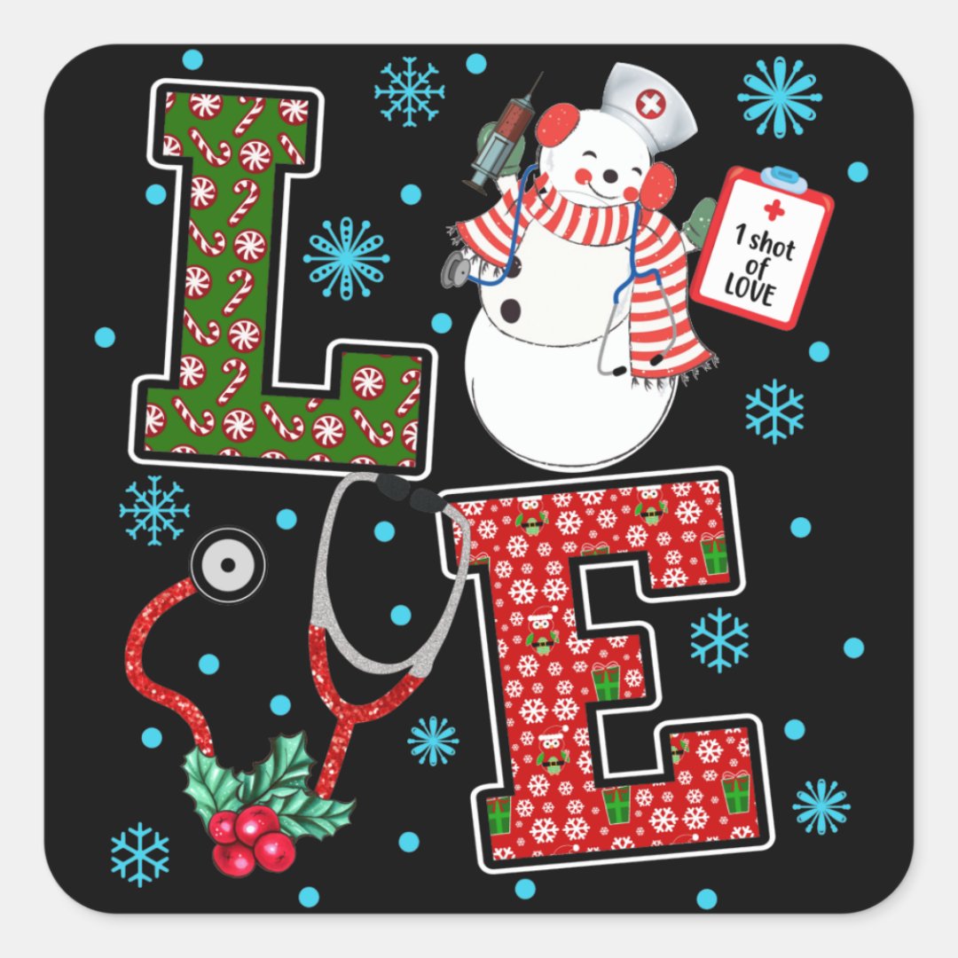 Christmas Love Nurse Cute Medical Snowman Holly Square Sticker | Zazzle