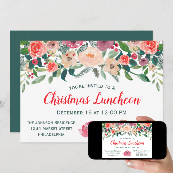 Christmas Luncheon Event Winter Florals Invitation | Zazzle