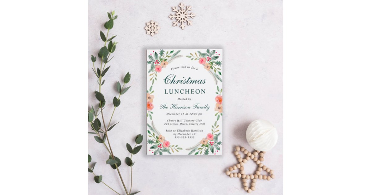 Christmas Luncheon Winter Florals Greenery Invitation | Zazzle