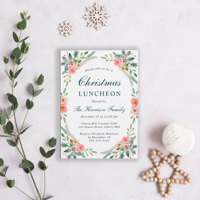 Christmas Luncheon Winter Florals Greenery Invitation | Zazzle