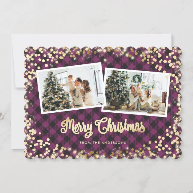 Christmas Magic Purple Plaid Gold Photo Holiday Card | Zazzle