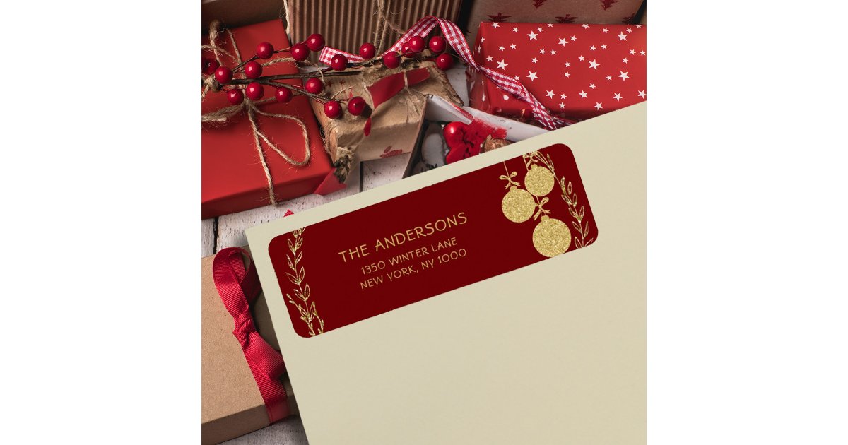 Christmas Maroon Gold Glitter Return Address Label | Zazzle