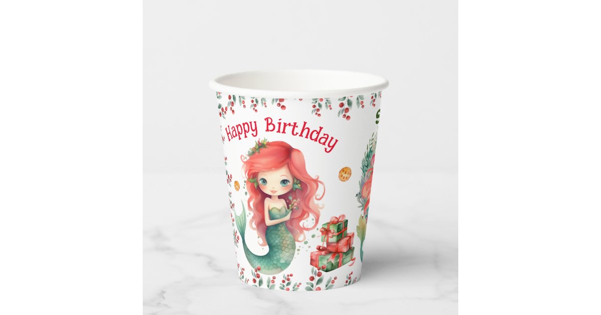 Christmas Mermaid Birthday Paper Cups | Zazzle