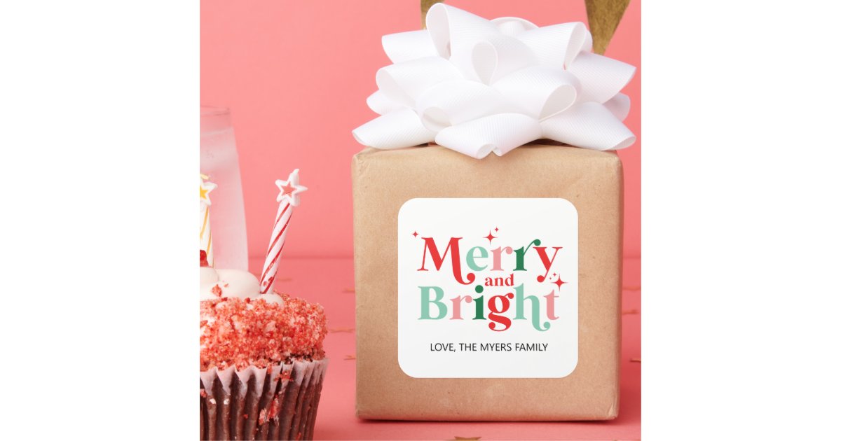 christmas merry and bright pink red gift square sticker | Zazzle