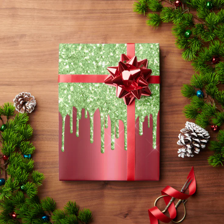 Christmas Metallic Red & Dripping Green Glitter Wrapping Paper | Zazzle