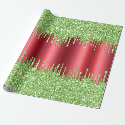 Christmas Metallic Red & Dripping Green Glitter Wrapping Paper | Zazzle