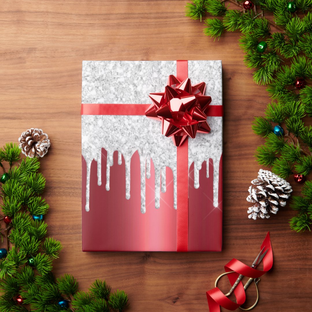 Christmas Metallic Red & Dripping Silver Glitter Wrapping Paper | Zazzle